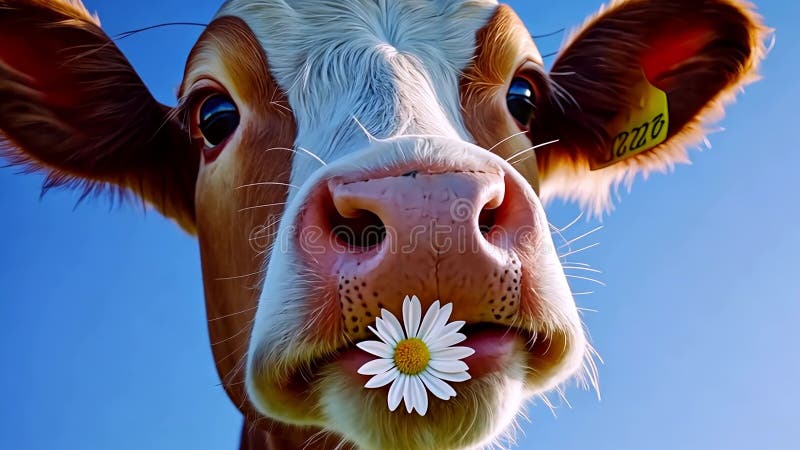 Cute Cow Chewing Daisy Against Clear Blue Sky Stock Footage - Video of ...
