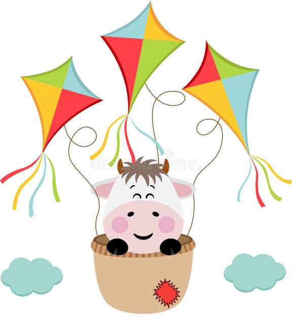Cute Cow Flying Inside Basket with Kites Stock Vector - Illustration of ...