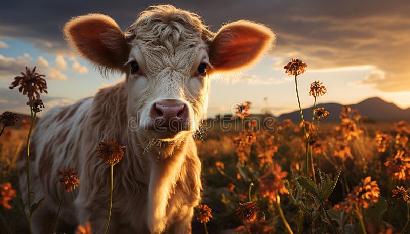 A Cute Cow Grazes in the Meadow Under the Sunset Generated by AI Stock ...
