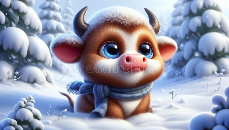 Cute Cow Illustration in Snowy Landscape Stock Illustration ...