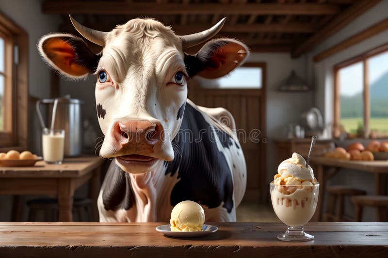 Cute Cow Looking at Milk Ice Cream in a Glass Stock Image - Image of ...