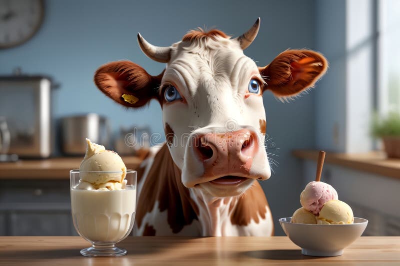 Cute Cow Looking at Milk Ice Cream in a Glass Stock Image - Image of ...
