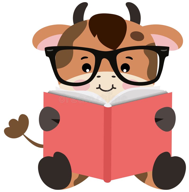 Cute Cow Sitting Reading a Book Stock Vector - Illustration of joyful ...