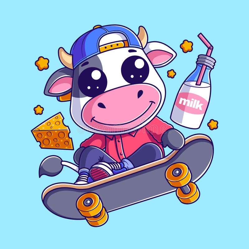 Cute Cow Skateboarding with Milk and Cheese Stock Vector - Illustration ...