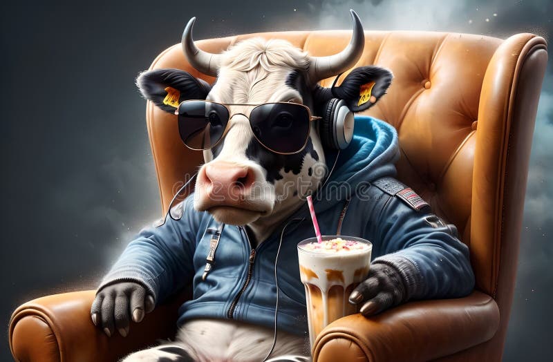 Cute Cow with Sunglasses Holding a Big Milkshake Stock Illustration ...