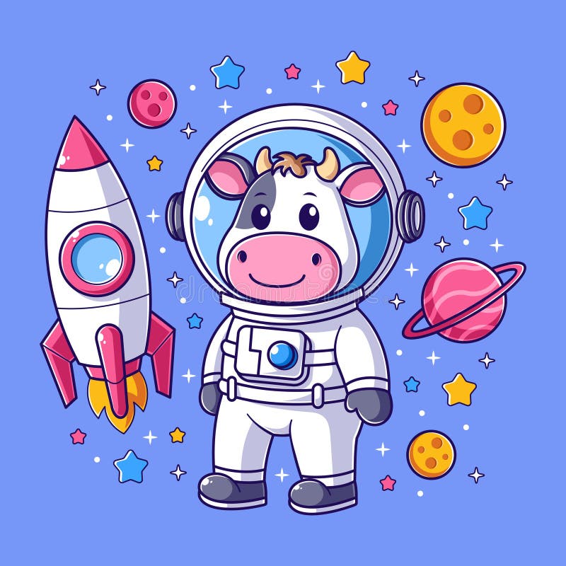 Cute Cow Wearing an Astronaut Suit with Rocket Stock Vector ...