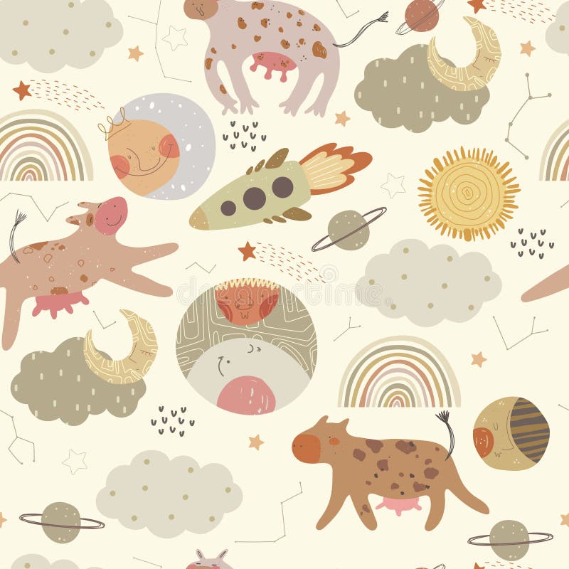 Cute Cows, Clouds, Planets, Star and Space Sheap - Pattern Stock Vector ...