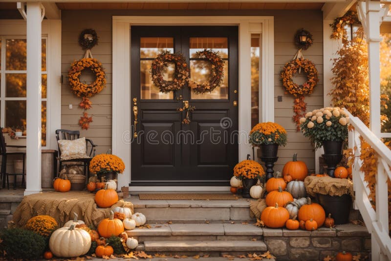 Cute and Cozy Cottage with Fall Decorations Pumpkins. Ai Generative ...