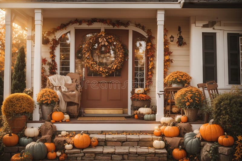 Cute and Cozy Cottage with Fall Decorations Pumpkins. Ai Generative ...