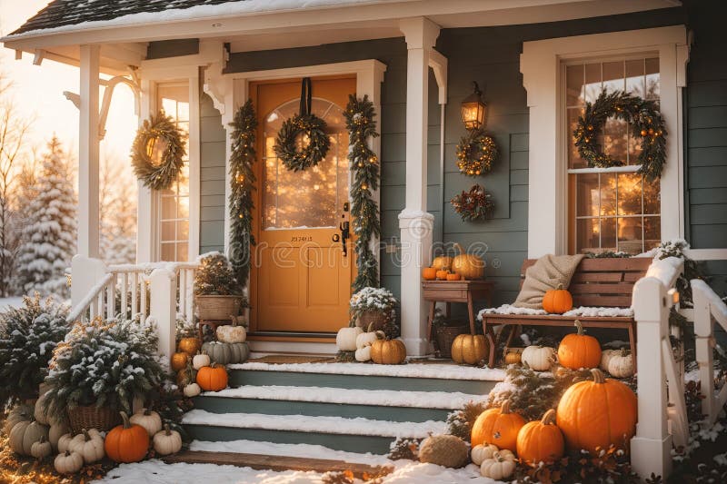 Cute and Cozy Cottage with Fall Decorations Pumpkins. Ai Generative ...