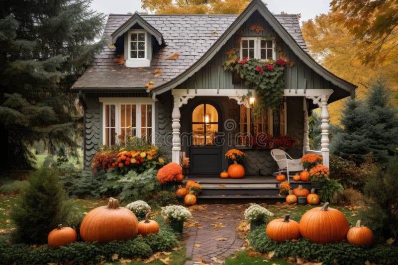 Cute and Cozy Cottage with Fall Decorations, Pumpkins on the Front ...