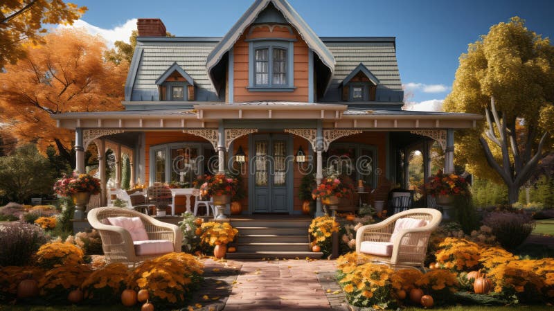 Cute and Cozy Cottage with Fall Decorations Pumpkins. Generative AI ...