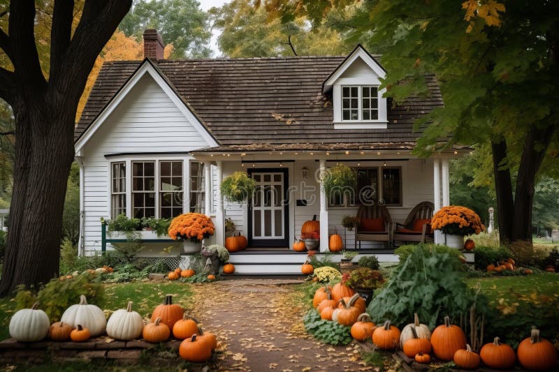 Cute and Cozy Cottage House with Fall Decorations Pumpkins for ...