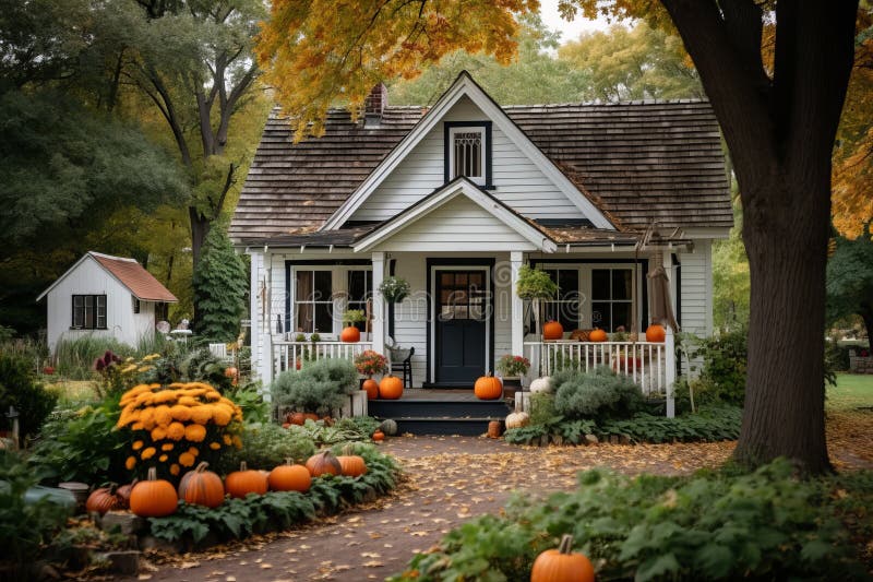Cute and Cozy Cottage House with Fall Decorations Pumpkins for ...