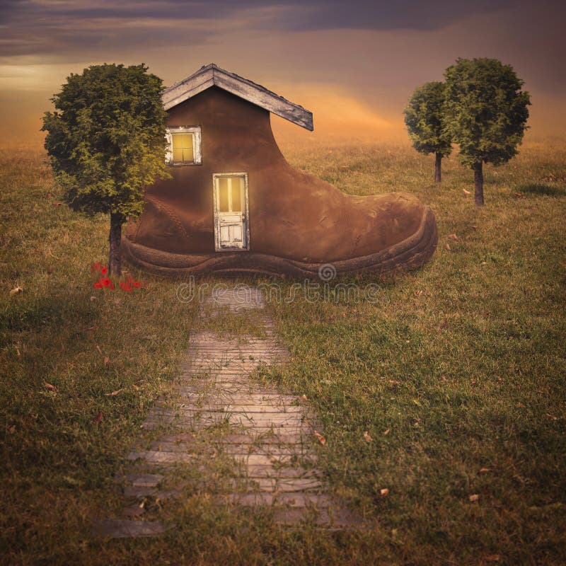Cute Cozy Fantasy Shoe House in the Sunset Stock Photo - Image of field ...