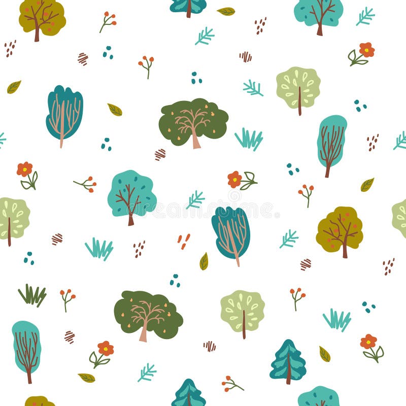 Cute and Cozy Seamless Pattern with Forest Trees, Flowers. Wild Forest ...