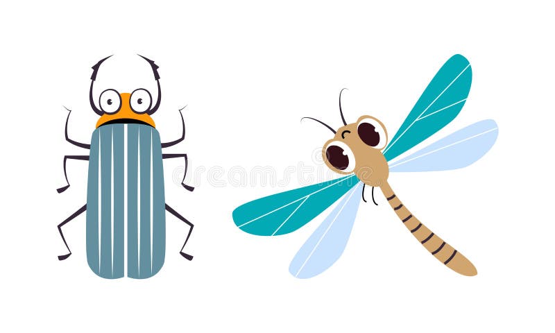 Cute Crawling Beetle and Flying Dragonfly As Garden Bug Vector Set ...