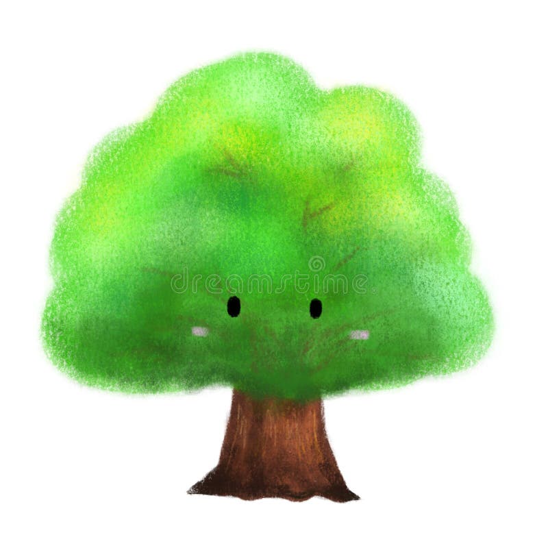 Cute Crayon Tree Character Illustration, Green Tree Cartoon Isolated ...