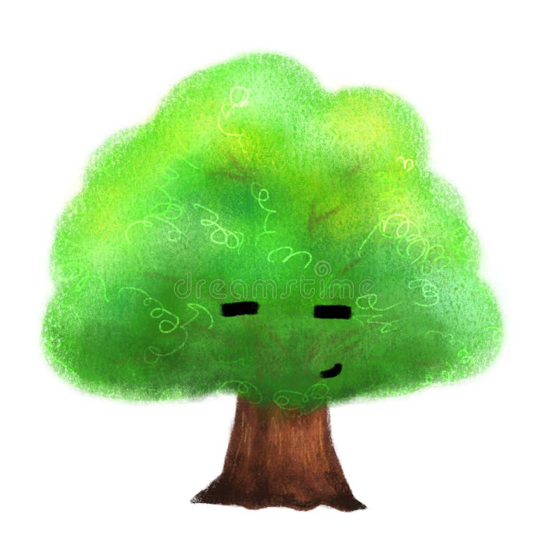 Messy Crayon Tree Character Smiling Illustration, Green Tree Cartoon ...