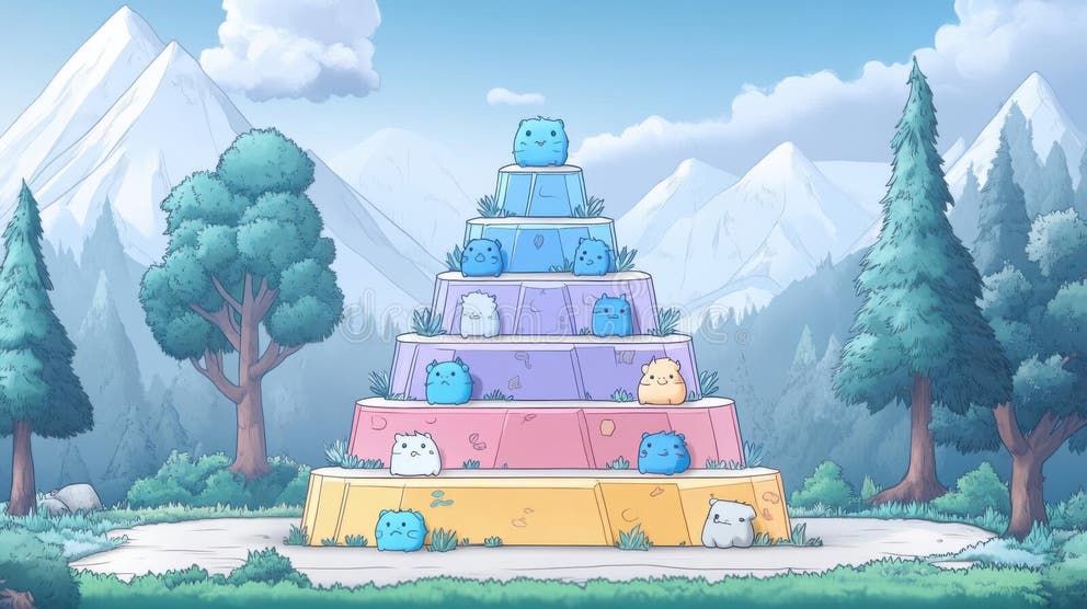 Cute Creatures Pyramid in Mountain Scenery Stock Illustration ...