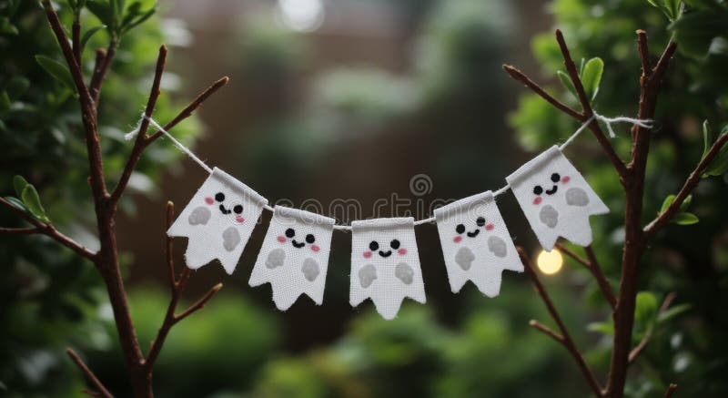 Cute Crochet Ghost Halloween Banner Hanging Outdoors Stock Illustration ...