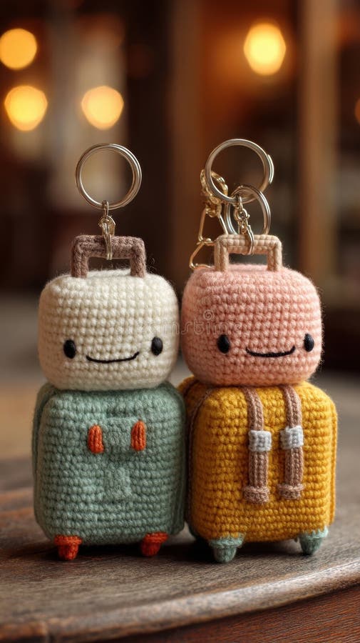 Cute Crochet Suitcase Keychains with Smiling Faces in Cozy Ambient ...