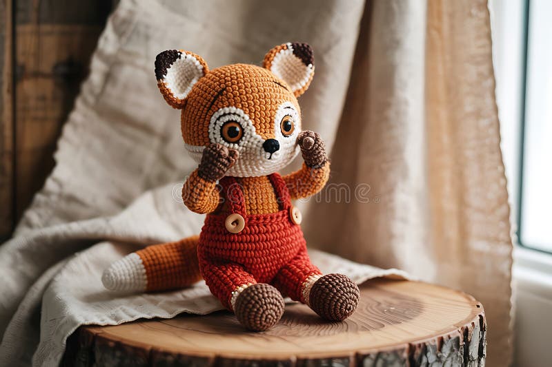 Cute Crocheted Fox Doll with Orange Overalls on Wood Stock Illustration ...
