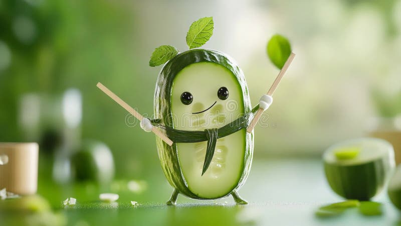 Cute Cucumber Character with Chopsticks and Leaf Hat in Fresh Green ...