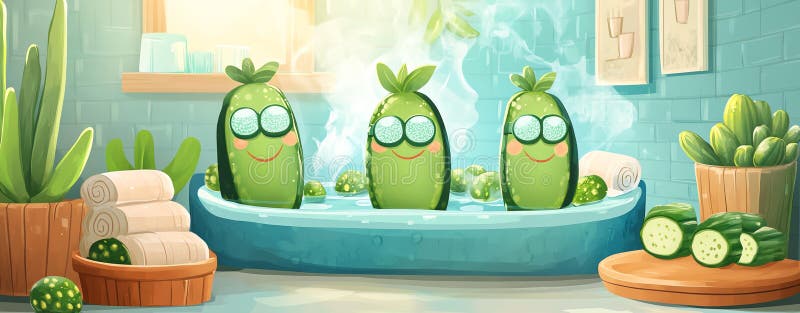 Cute Cucumbers Enjoying a Relaxing Spa Day in a Bright, Colorful ...