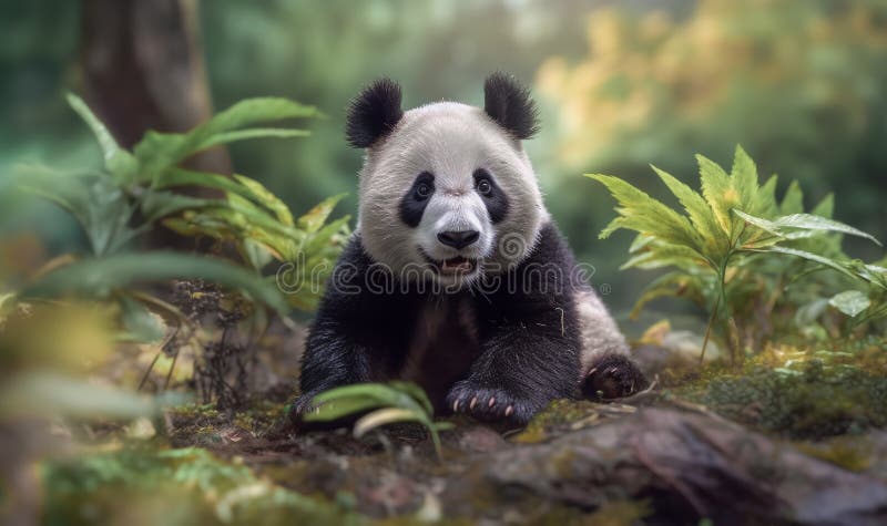Cute Cuddly Panda Bear Sits in Forest and Eats Bamboo in Sunset Sun ...