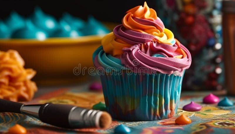 Cute Cupcake with Multi Colored Icing, Perfect for Birthday Celebration ...