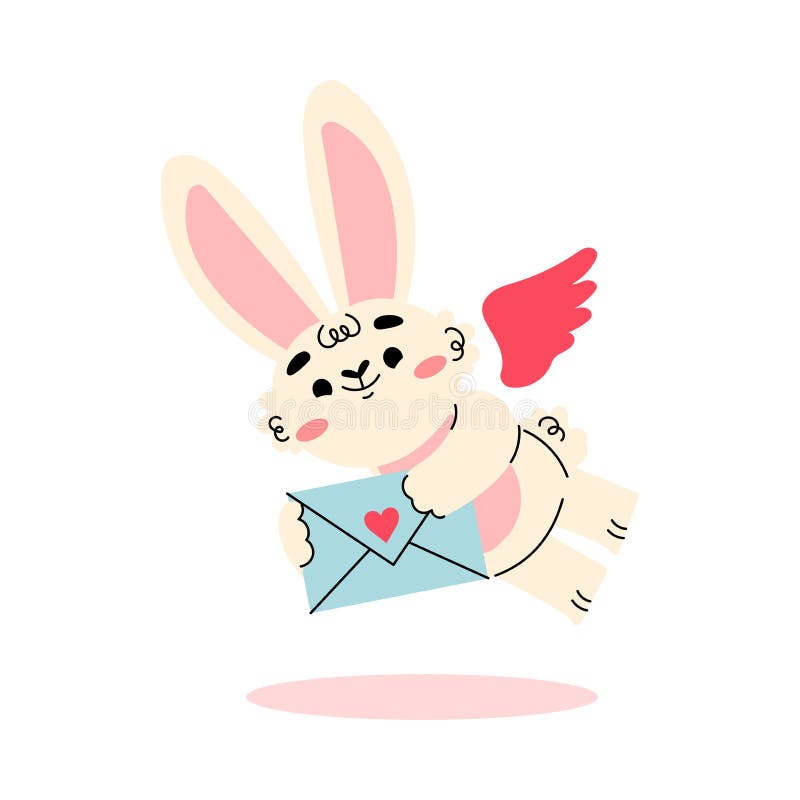 Cute Cupid Bunny with Wings Flying with Envelope Vector Illustration ...