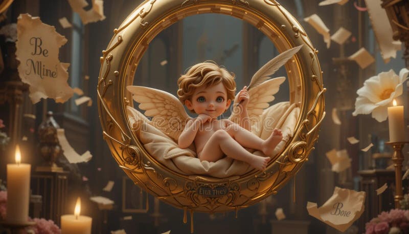 Cute Cupid Relaxes Inside a Floating Golden Ring Stock Illustration ...