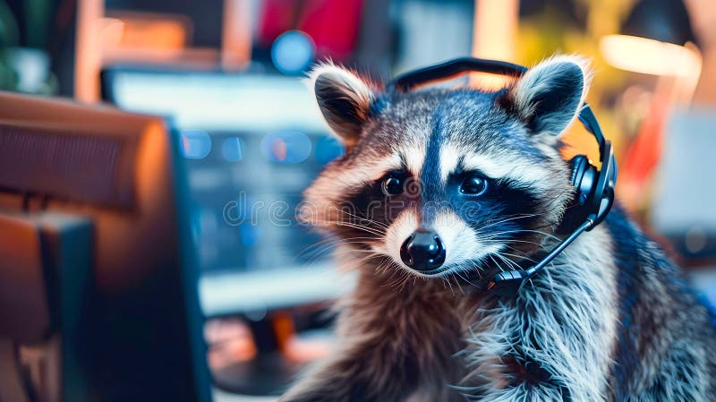 Cute and Curious Raccoon Wearing a Call Center Uniform Diligently ...