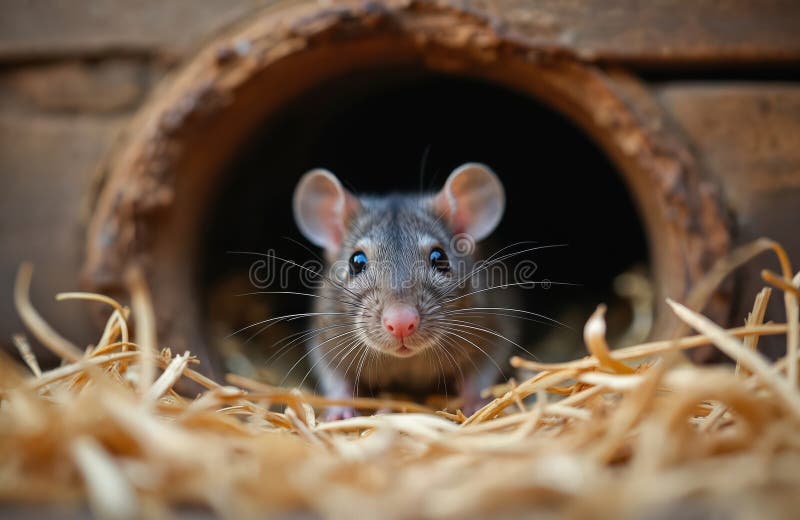 Cute Curious Rat Peeps Out of Hole in Wooden Structure among Straw ...