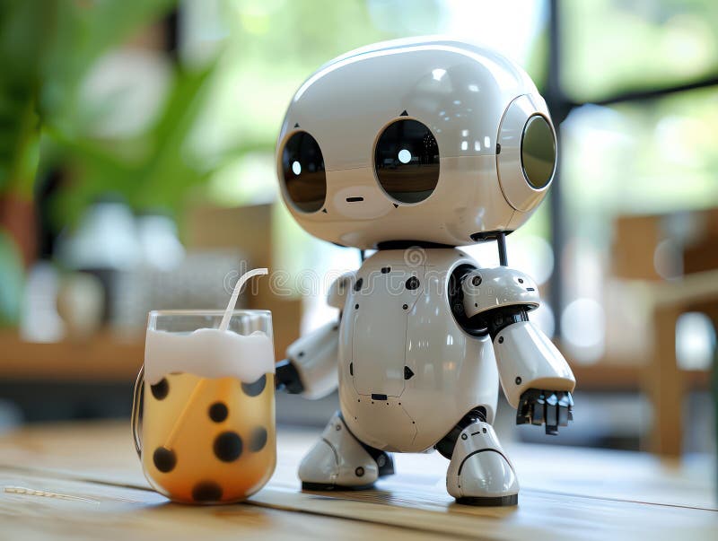 Cute Curious Robot Enjoying a Refreshing Bubble Tea Drink in a Cozy ...