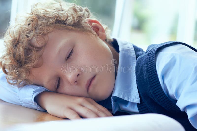 Cute Curly Tired and Exhausted Primary School Student Falling Asleep ...