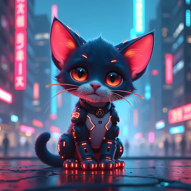 Cute cyberpunk kitty stock illustration. Illustration of kitten - 336849908