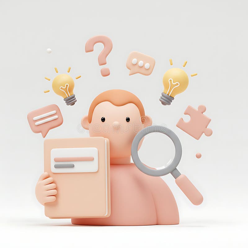 Cute 3D Cartoon Character Solving Puzzles and Ideas with Notebook and ...