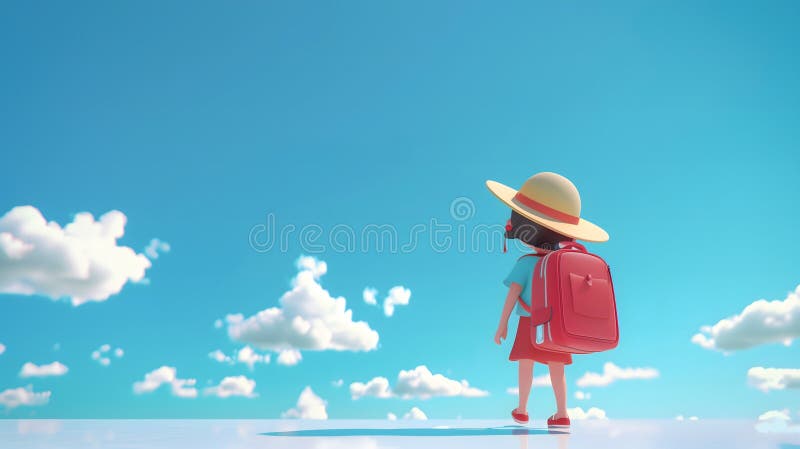 Cute 3D - Cartoon Explorer with Backpack Under Clear Blue Sky_2 Stock ...