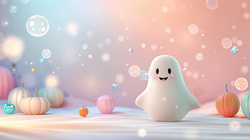 A Cute 3D Cartoon Ghost Blowing Bubbles, Halloween Stock Illustration ...
