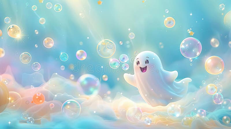 A Cute 3D Cartoon Ghost Blowing Bubbles, Halloween Stock Illustration ...