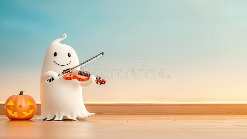 A Cute 3D Cartoon Ghost Playing a Violin, Halloween Stock Illustration ...