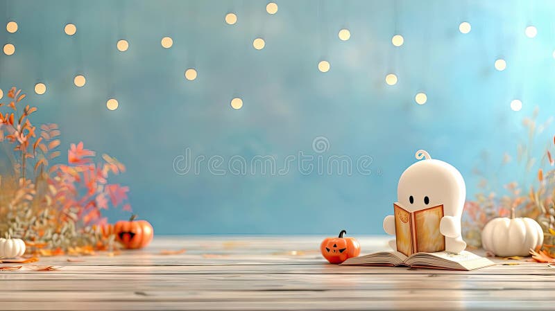 A Cute 3D Cartoon Ghost Reading a Spooky Book, Halloween Stock ...