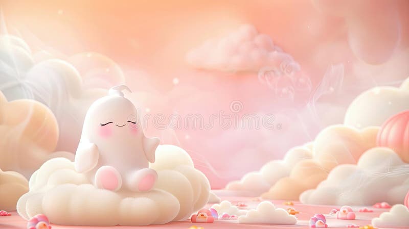 A Cute 3D Cartoon Ghost Sitting on a Cloud, Halloween Stock ...