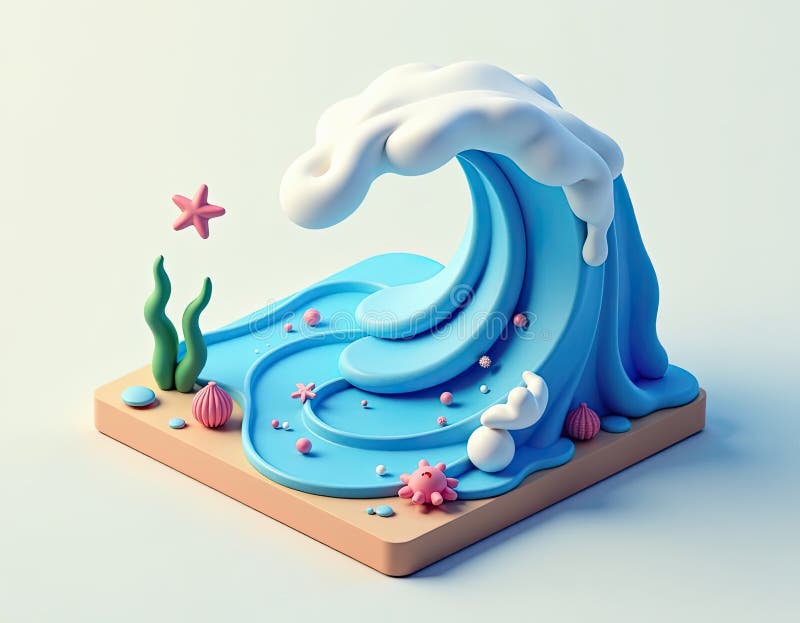 Cute 3D Cartoon Ocean Wave Illustration with Seashells and Starfish ...