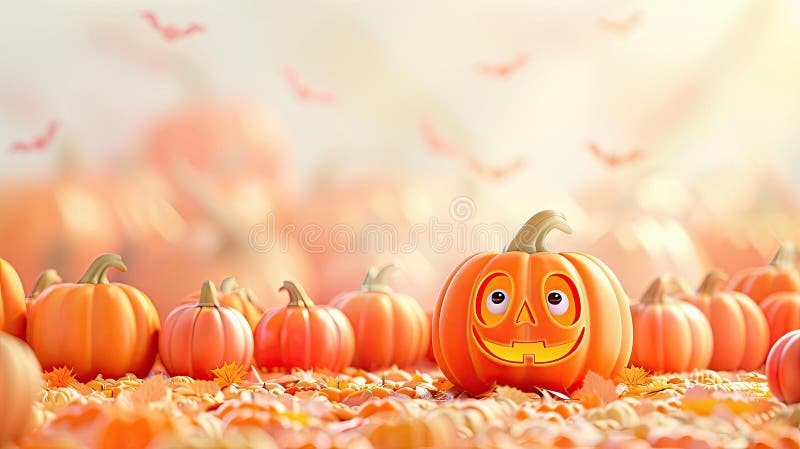 A Cute 3D Cartoon Pumpkin Patch with Cute Jackolanterns, Halloween Stock Illustration ...