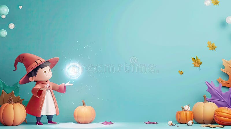 A Cute 3D Cartoon Wizard Casting a Spell, Halloween Stock Illustration ...
