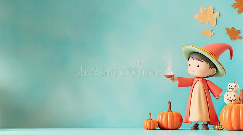A Cute 3D Cartoon Wizard Casting a Spell, Halloween Stock Illustration ...