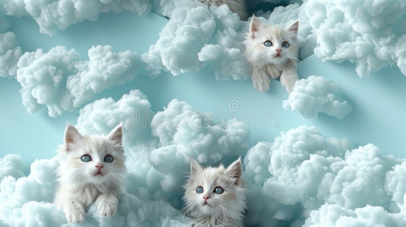 Cute 3D Clouds and Cats - Seamless Pattern with Light Blue and White ...